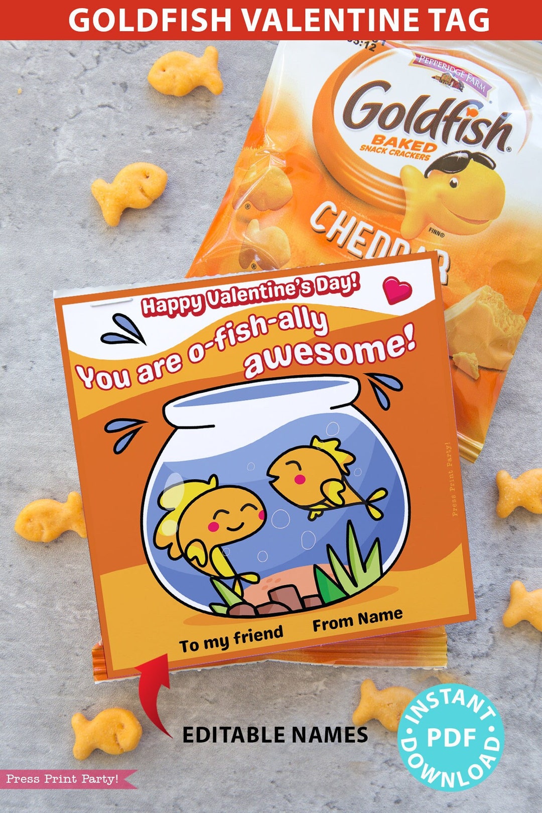 Goldfish Valentine Printable Tag Kids Valentines Cards EDITABLE Names ...
