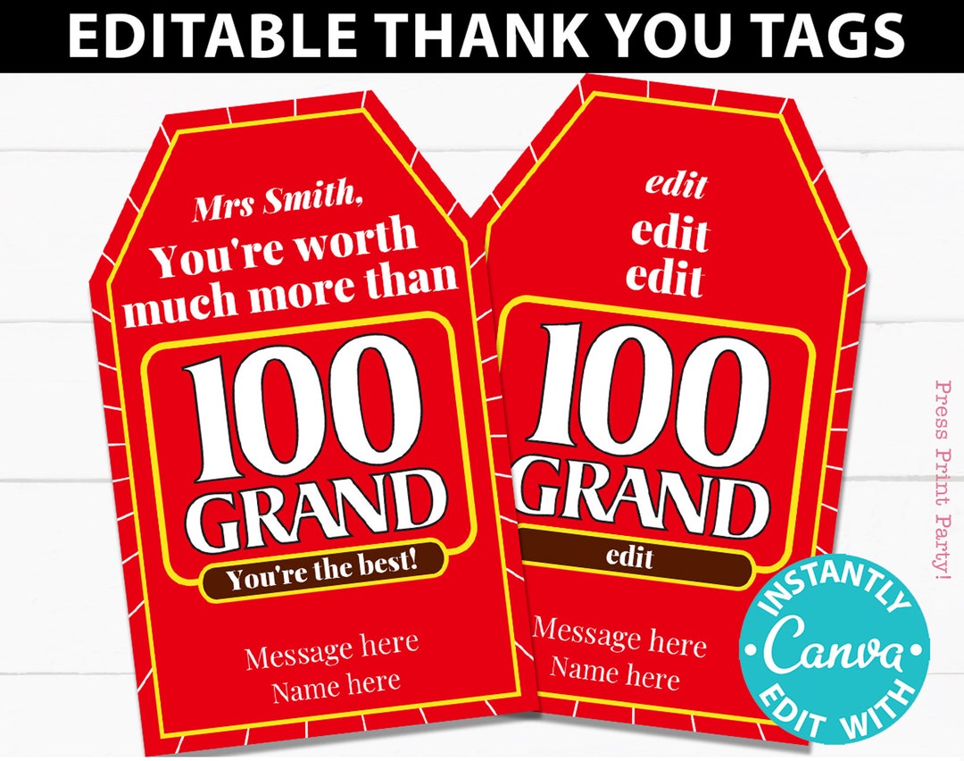 100 Grand Thank You Gift Tags Printable Teacher Appreciation - Etsy