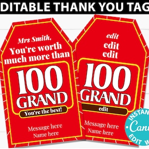 100 Grand Thank You Gift Tag Printable Teacher Appreciation Week Nurse ...