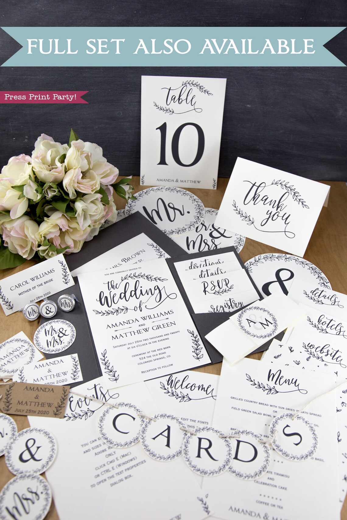 Wedding Place Cards Printable, W Table Numbers, Leaf Design, Place Card ...