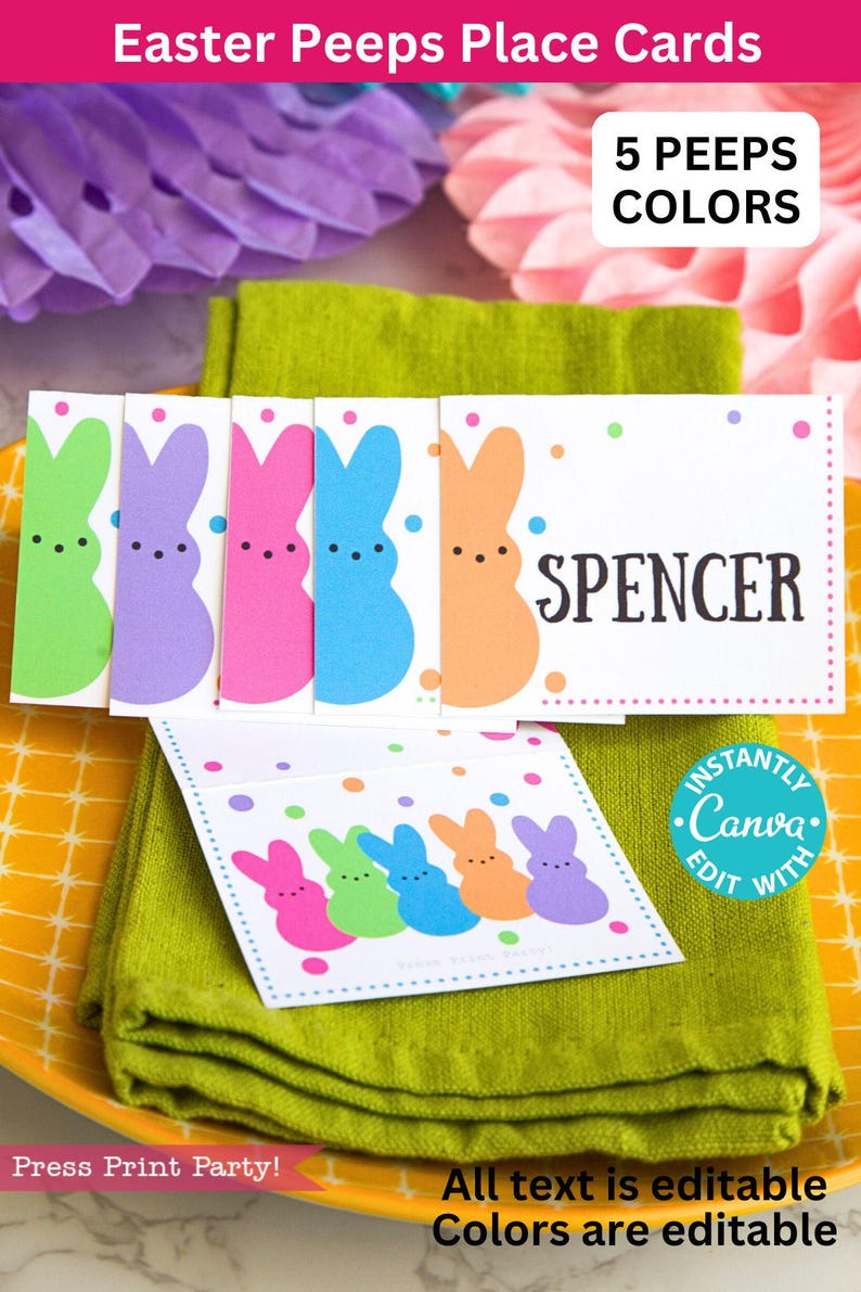 Editable Peeps Place Cards Easter Bunny Colorful Food Label ...