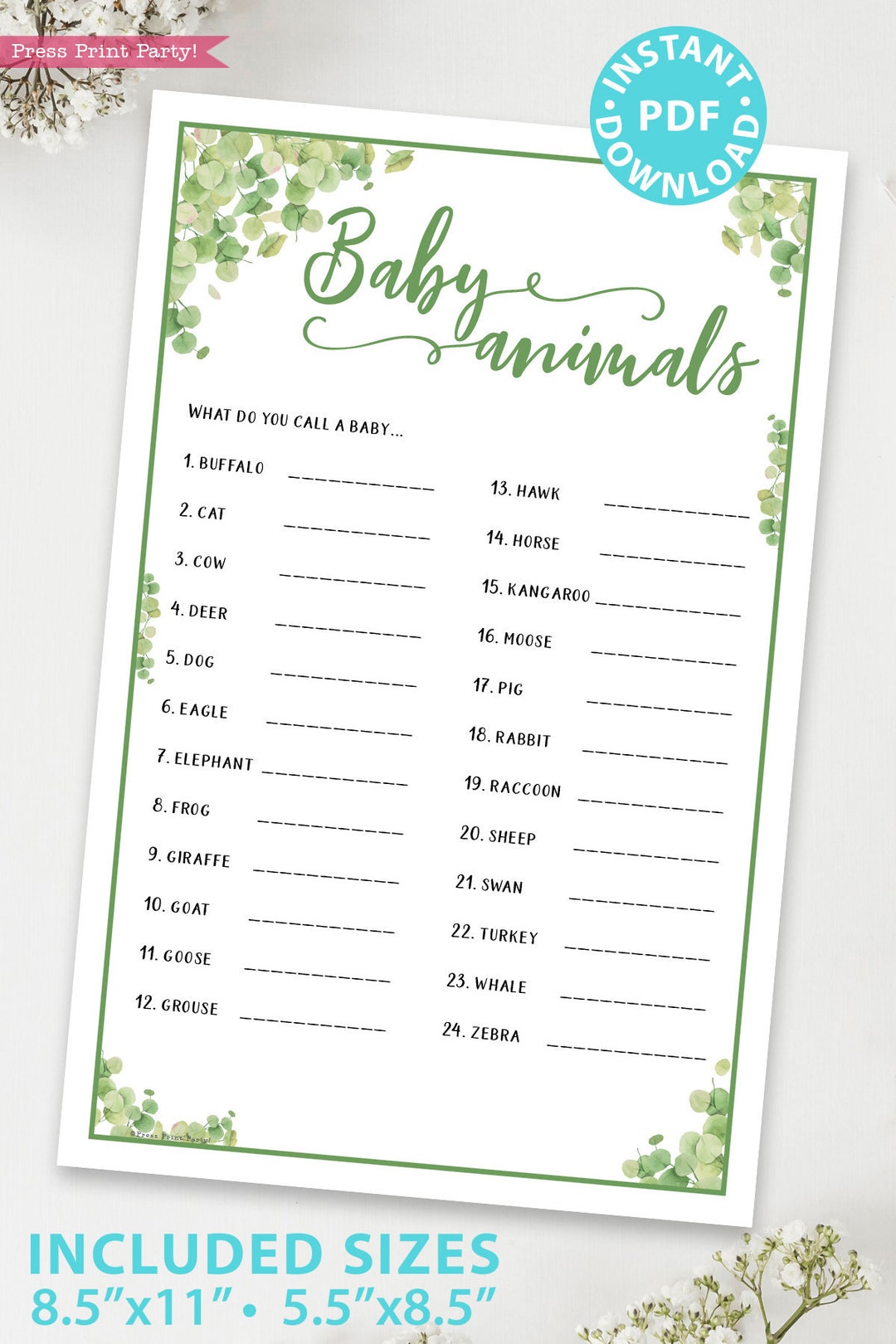 Name the Baby Animals Baby Shower Game Printable, Eucalytus Baby Shower ...