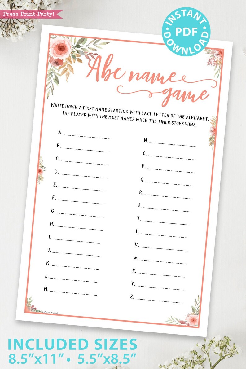ABC Baby Shower Name Game Printable, Baby Shower Game Template, Peach ...