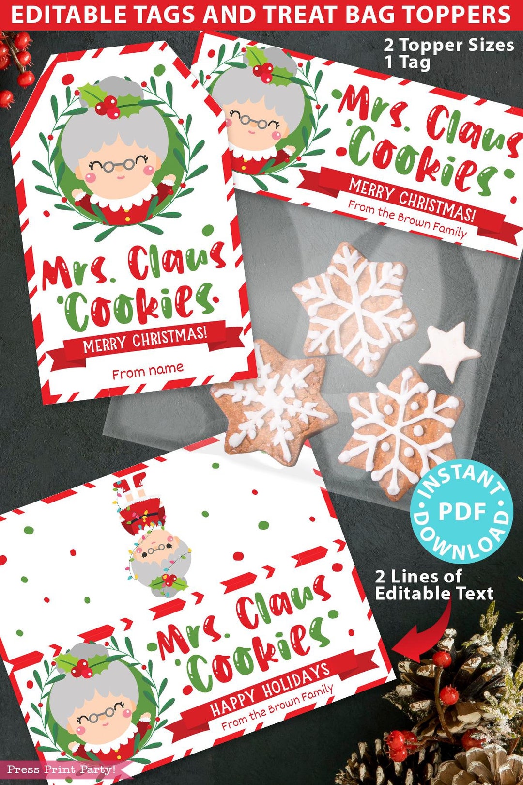 Mrs. Claus Cookies Christmas Treat Bag Topper & Tag Editable Classroom ...