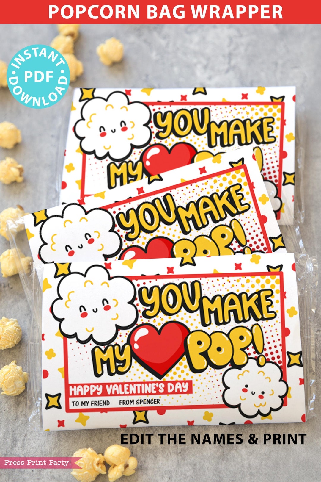 Valentine Popcorn Wrap Printable Personalized Popcorn Bags Tags Kids ...