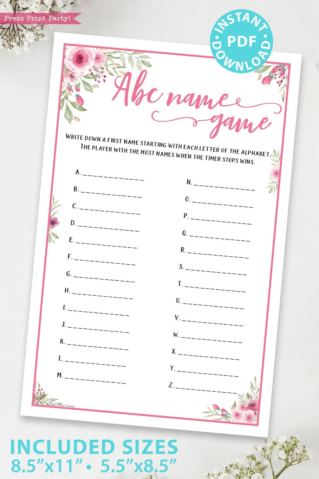 ABC Baby Shower Name Game Printable, Baby Shower Game Template, Pink ...