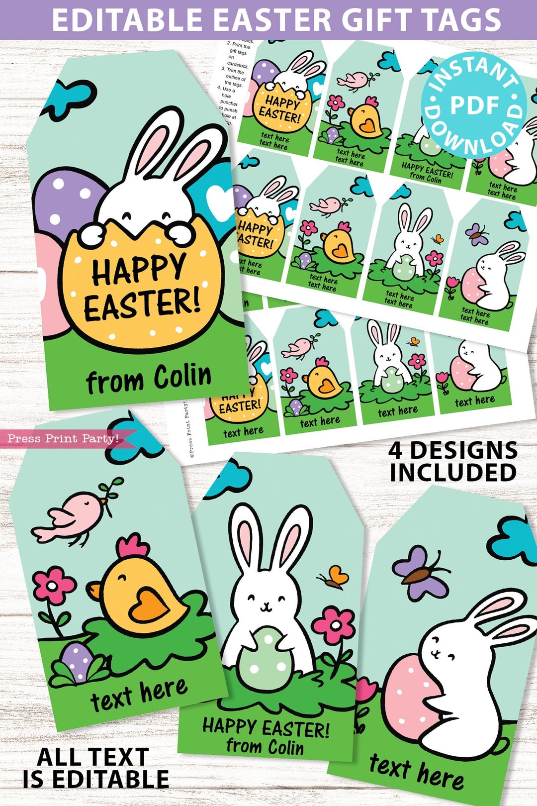 EDITABLE Easter Gift Tags Printable for Kids, Easter Basket Tag, Happy ...
