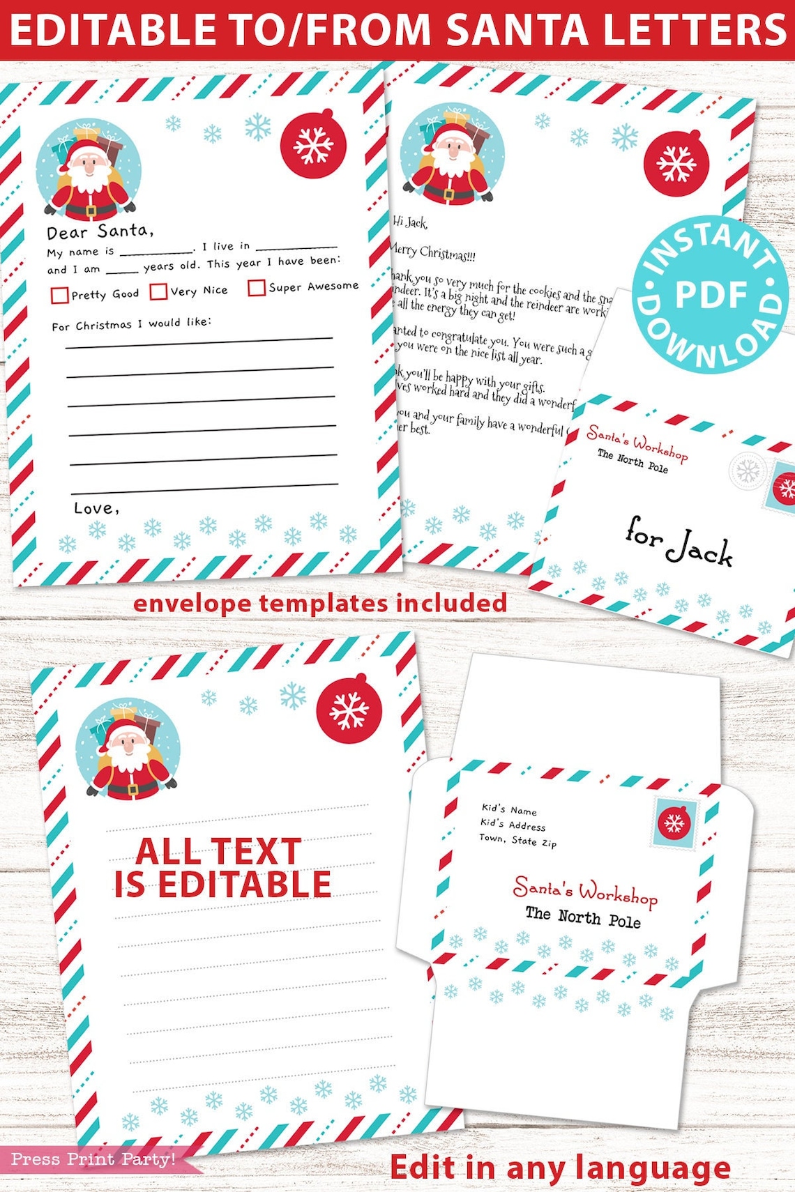 EDITABLE Santa Letter Printable Template Kit to and From - Etsy