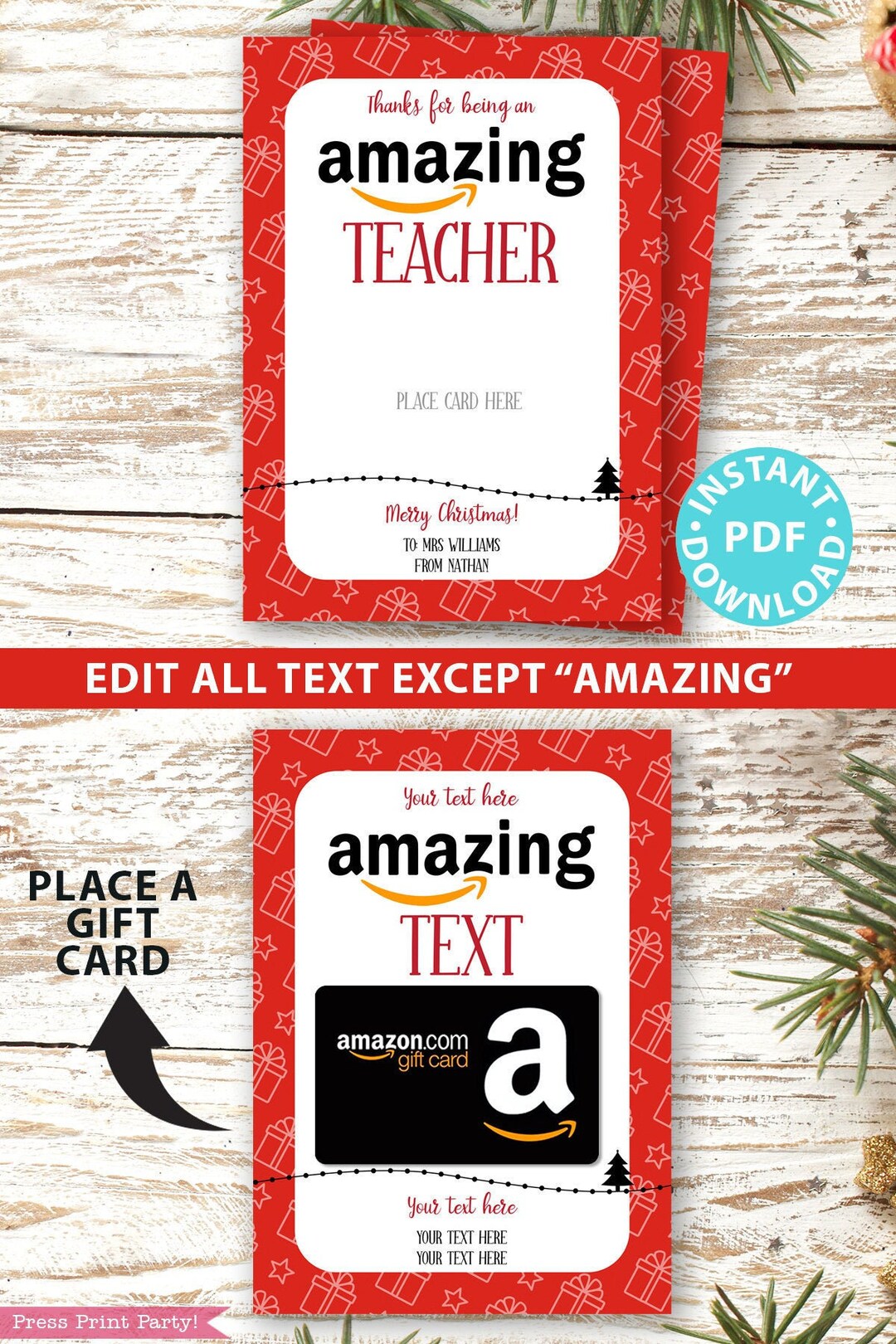 EDITABLE Amazon Gift Card Holder Christmas Printable Template, 5x7 ...