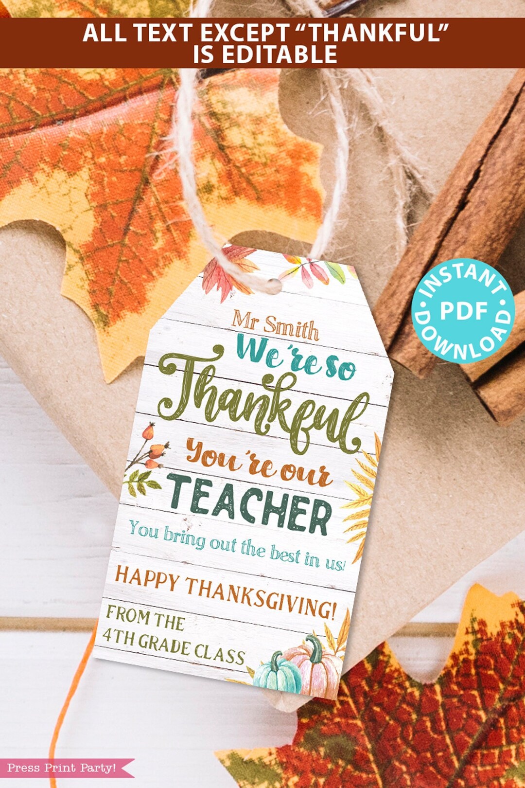 Fall Teacher Tag Printable Thank You Tag Teacher Gift Tag Thanksgiving ...