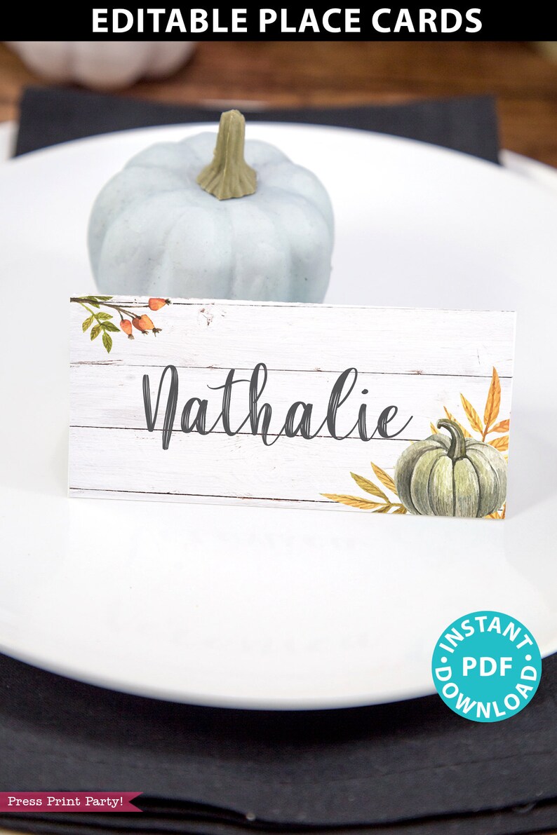 Thanksgiving Place Cards Printable Green Fall Pumpkin Place Card ...