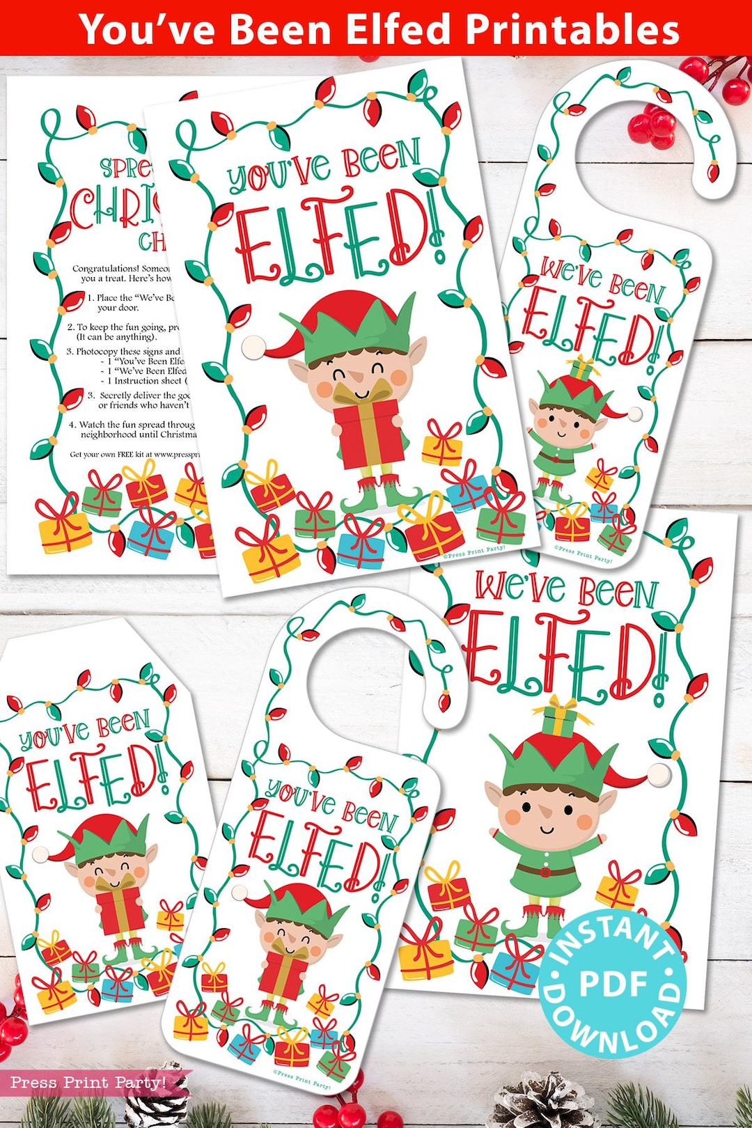 You've Been Elfed Printable Kit Cards Door Hangers Tag Instruction ...