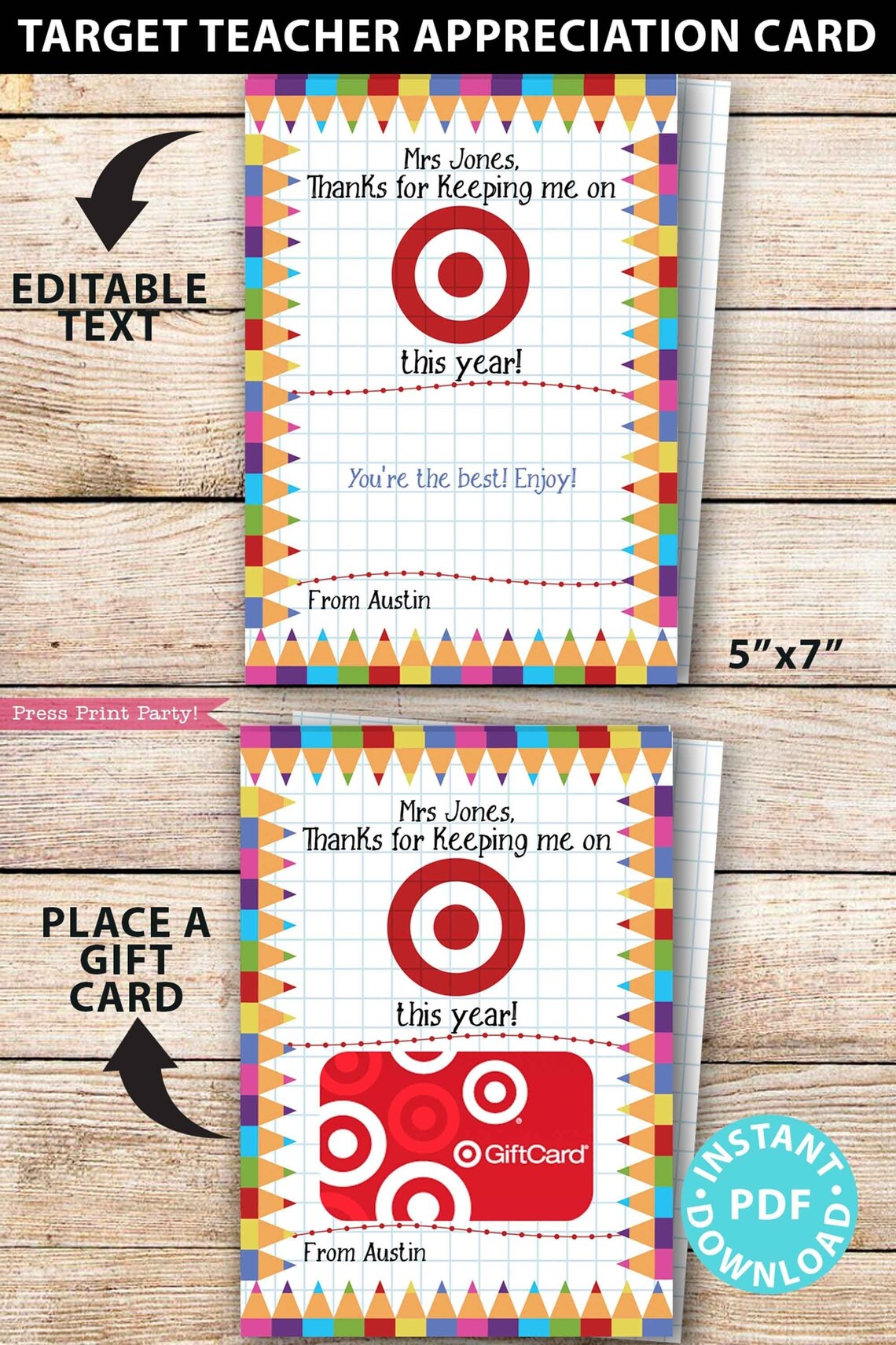 EDITABLE Target Gift Card Holder Teacher Gift Printable Template, 5x7 ...