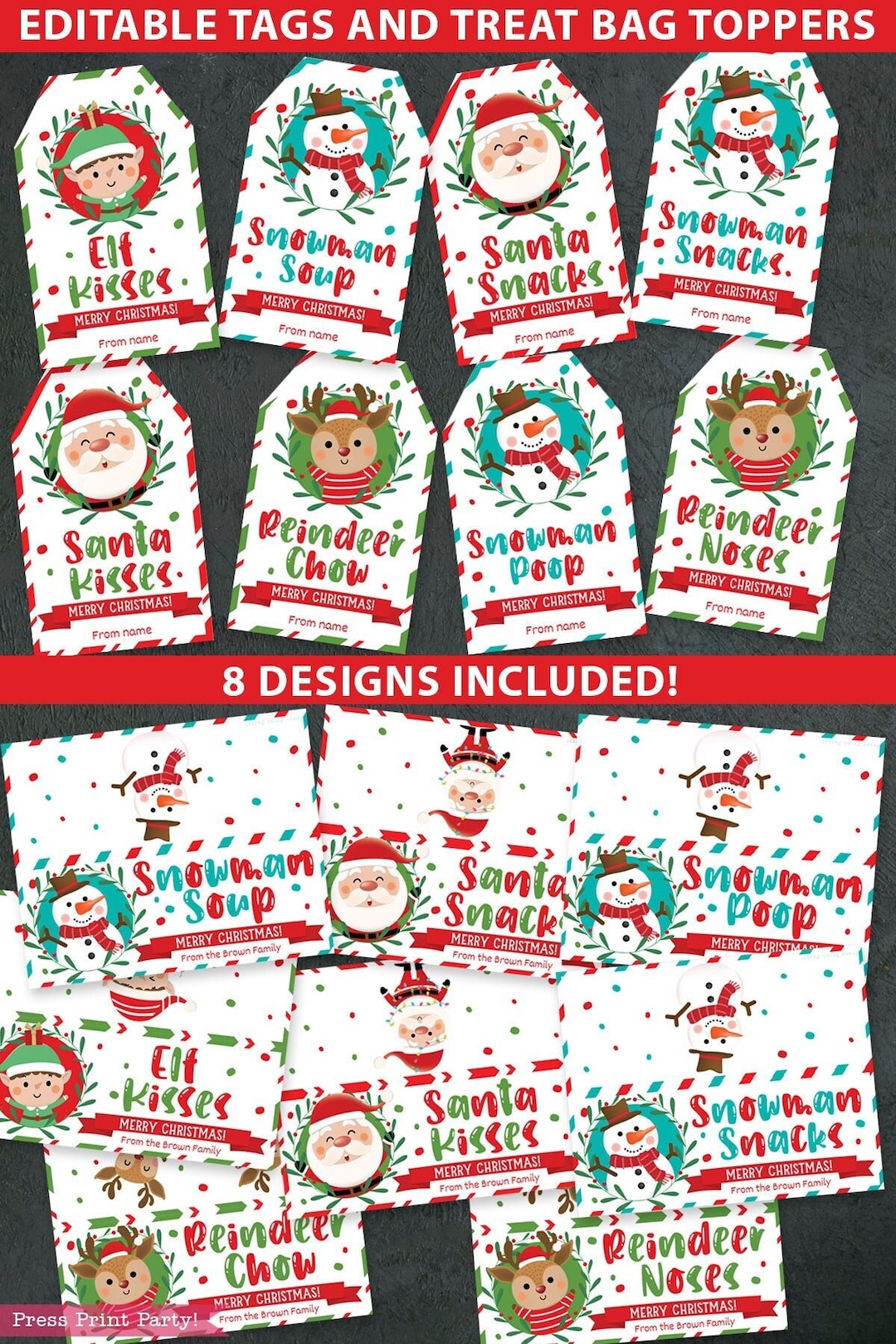 8 EDITABLE Christmas Treat Bag Toppers and Tags Set, Elf Kisses ...