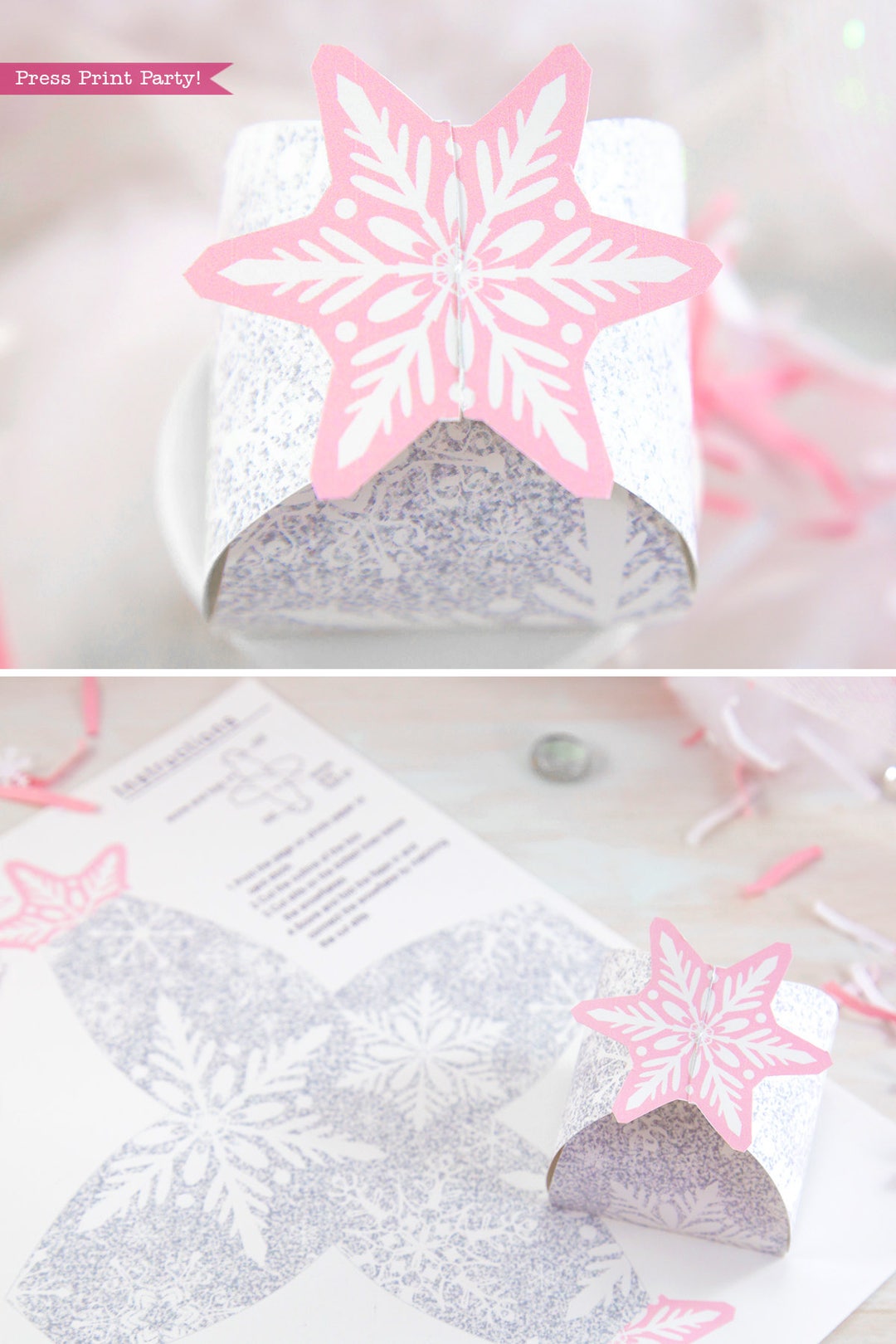 Snowflake Gift Box Printable, Pink & Silver, Winter Onederland Favor ...