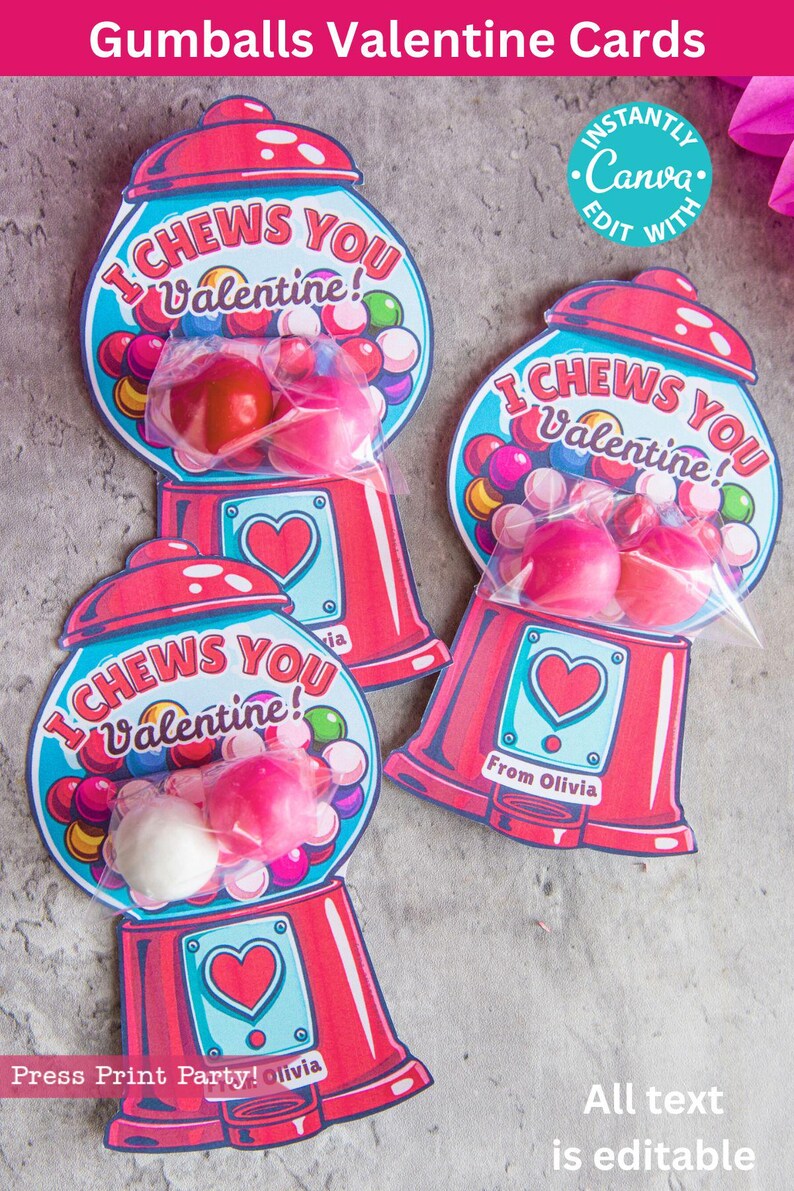 Gumball Valentine Card Printable Adorable Personalized Classroom ...