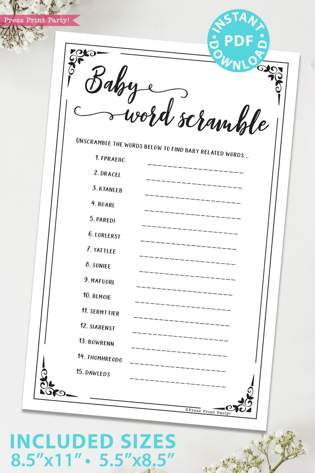 Baby Word Scramble Baby Shower Game Printable, Answer Key, Baby Shower ...