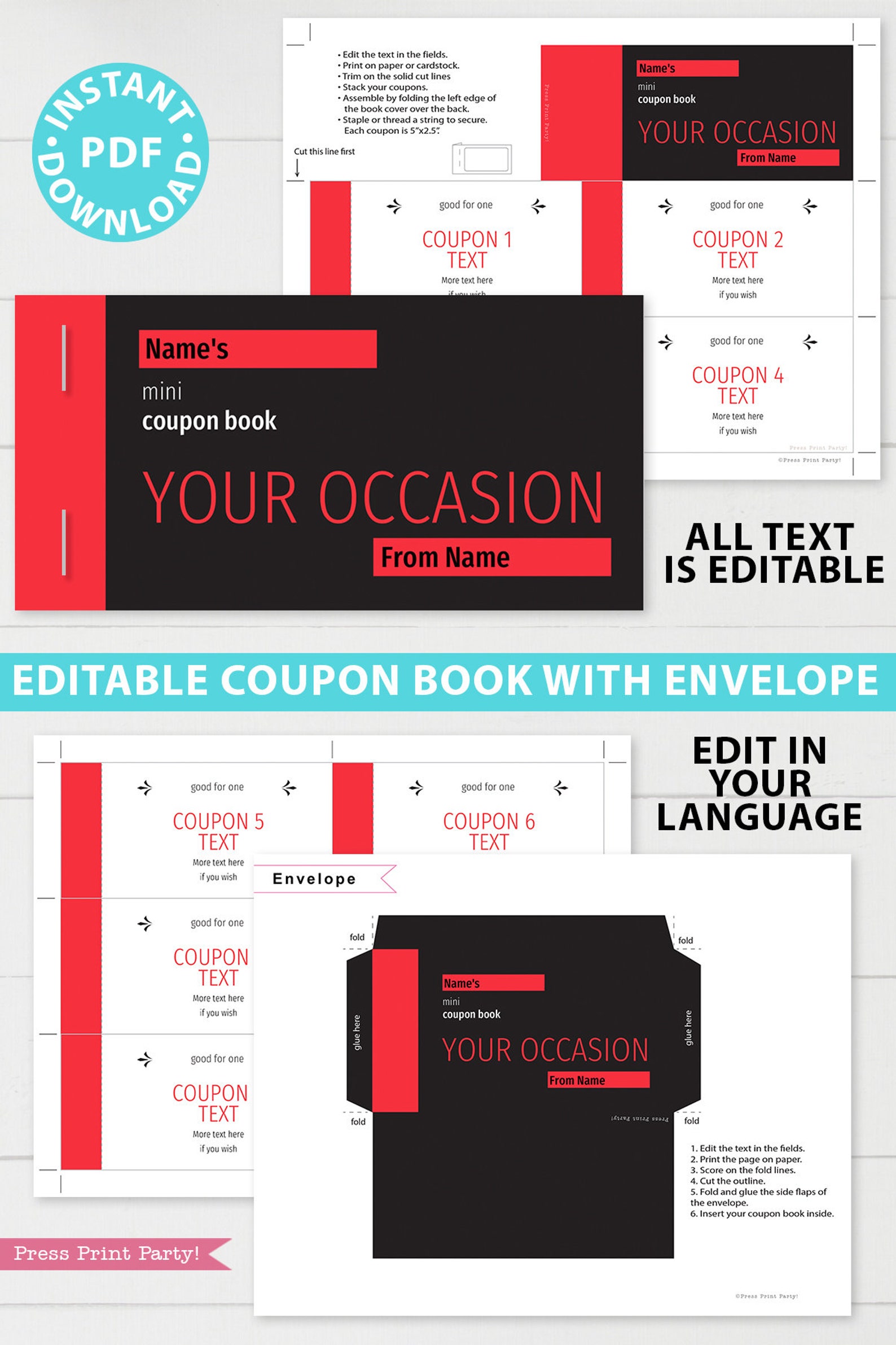 Printable Coupon Book Template Red Any Occasion Gift Idea - Etsy