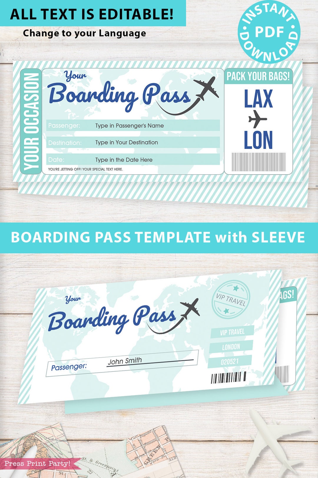 Boarding Pass Template W. Holder Editable Text Printable, Vacation ...