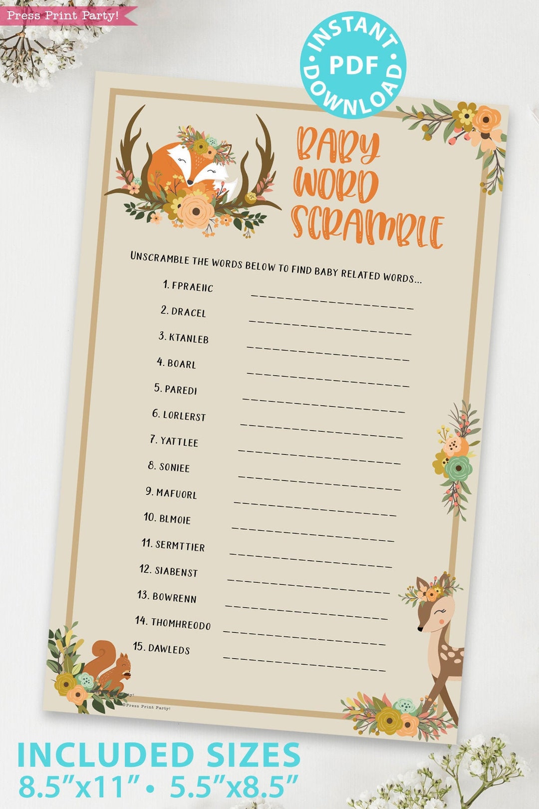 Woodland Theme Baby Word Scramble Baby Shower Game Printable, Template ...