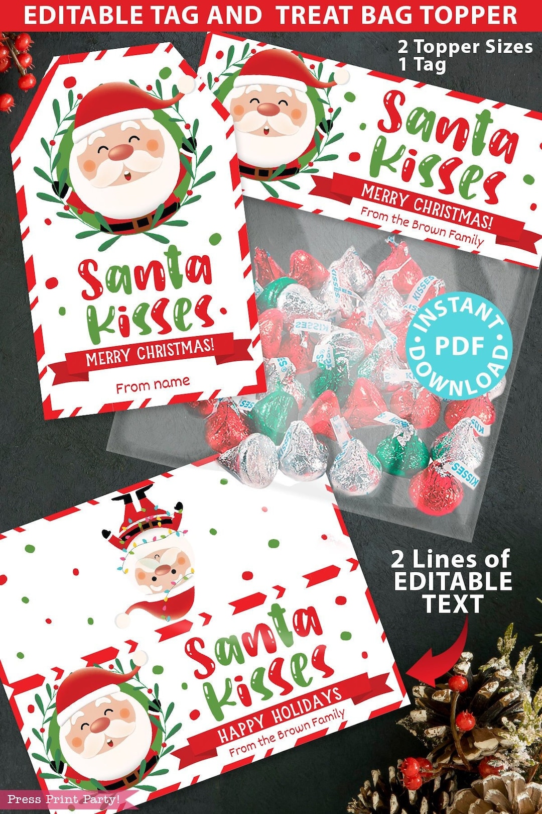 SANTA Kisses Christmas Treat Bag Toppers and Tag, Editable, Classroom ...