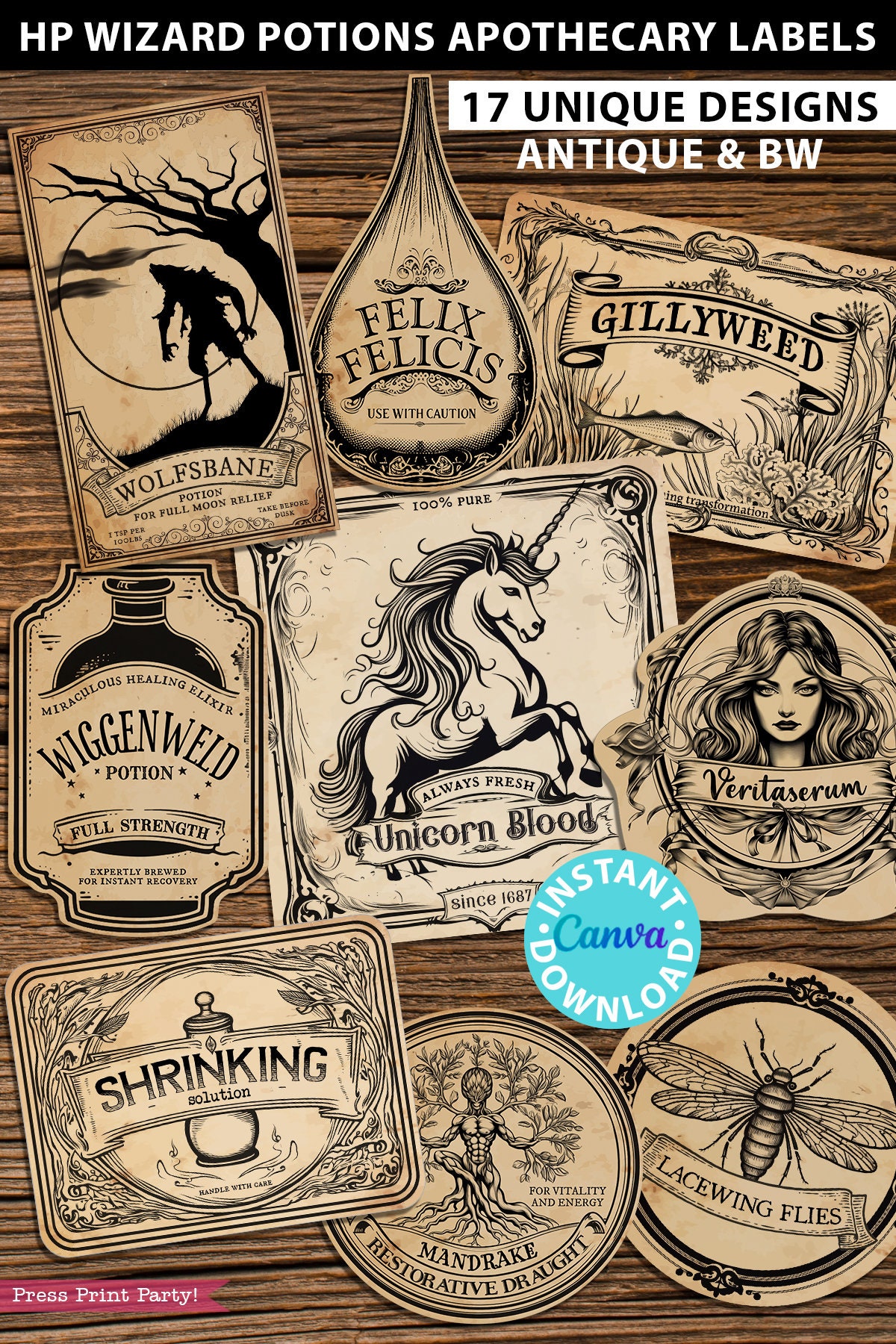 HP Wizard Party Potion Labels Decor Halloween Witch Apothecary Shelf ...