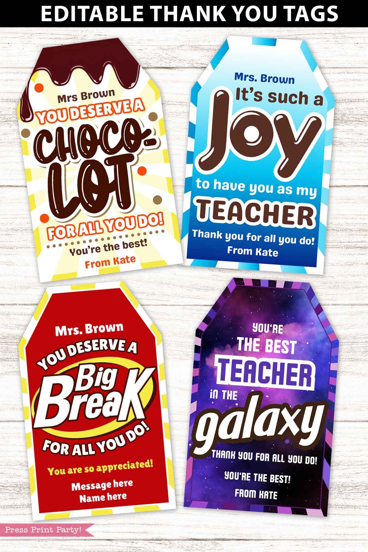 16 Candy Bar Thank You Gift Tags Bundle Editable Printable Teacher ...