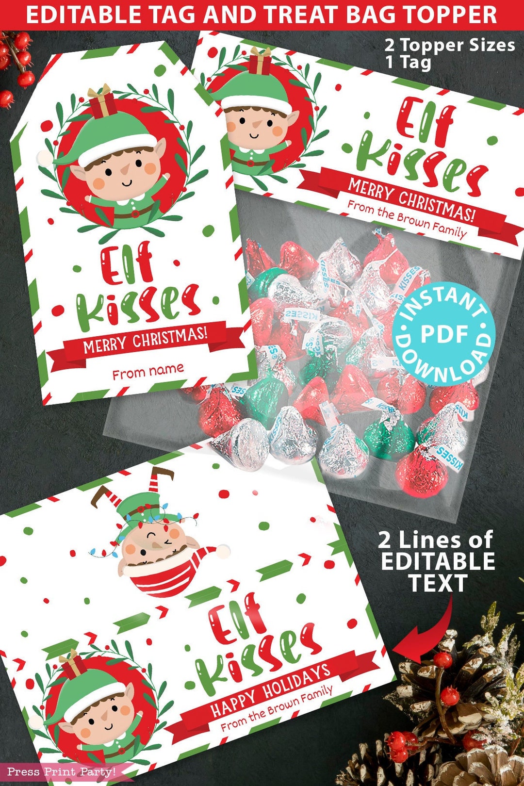 Elf Kisses Christmas Treat Bag Toppers and Tag, Editable, Classroom ...