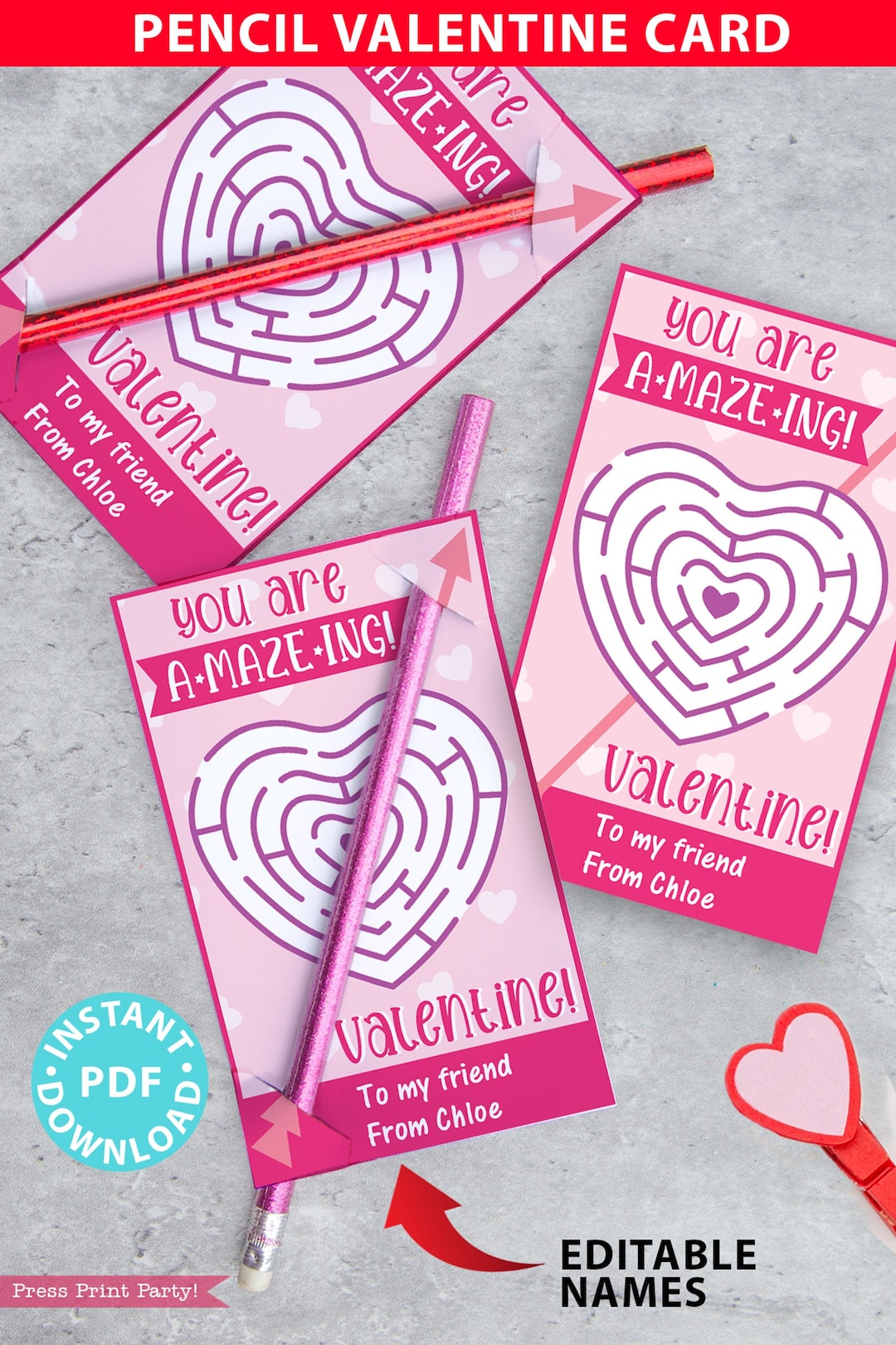 Tarjeta de San Valentín a Lápiz para Niños Imprimible, Nombres ...