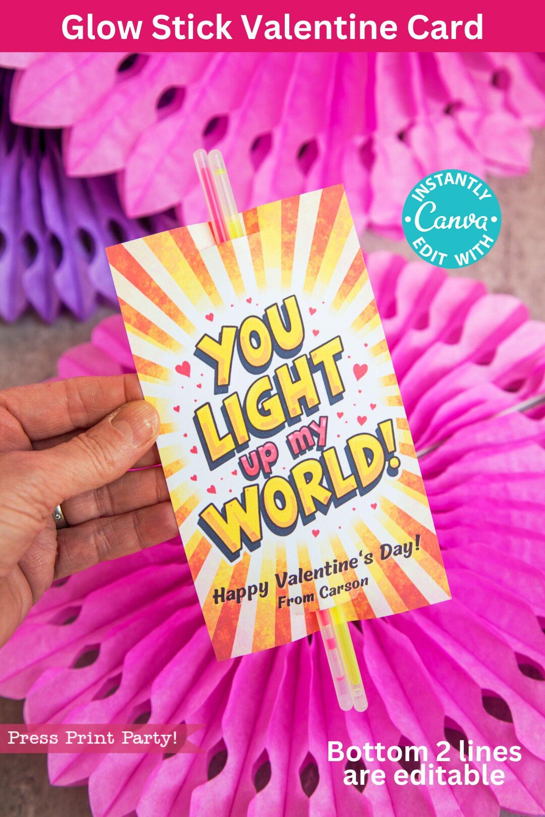 Glow Stick Valentine Card Printable Classroom Exchange Tag Personalized ...