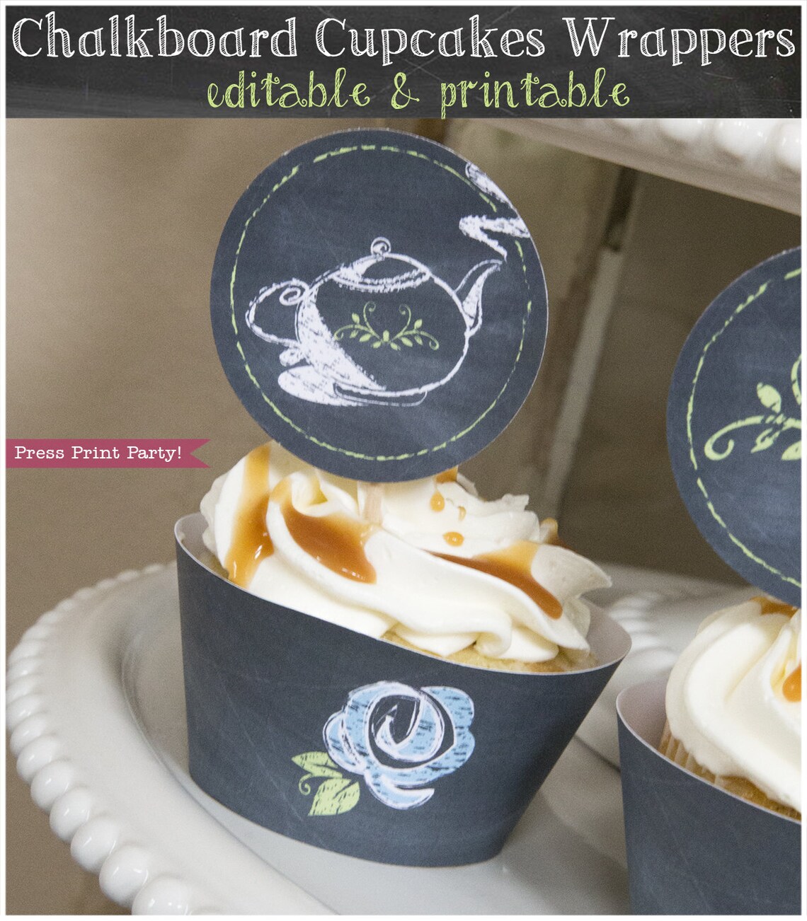 Chalkboard Cupcake Wrappers and Toppers Editable & Printable | Etsy