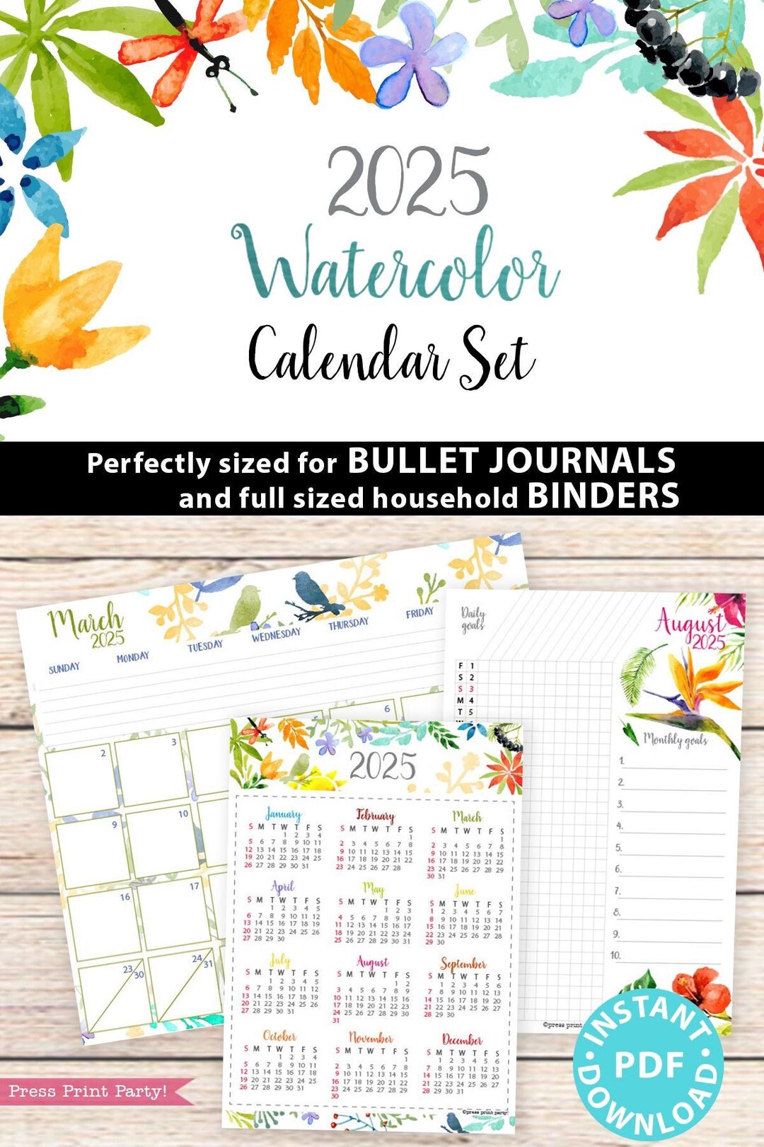 2025 Calendar Printable Set Watercolor Bullet Journal Planner Kit BUJO ...