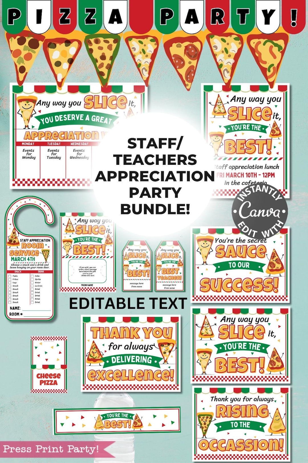Pizza Party Employee Appreciation Week Bundle Theme Editable Staff ...