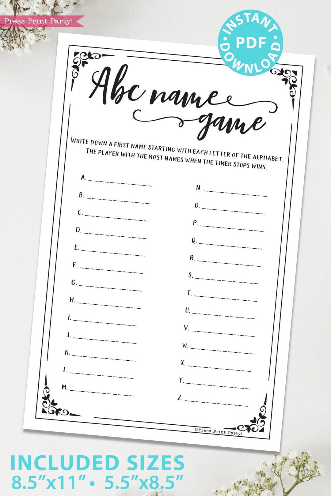 ABC Baby Shower Name Game Printable, Baby Shower Game Template, Rustic ...