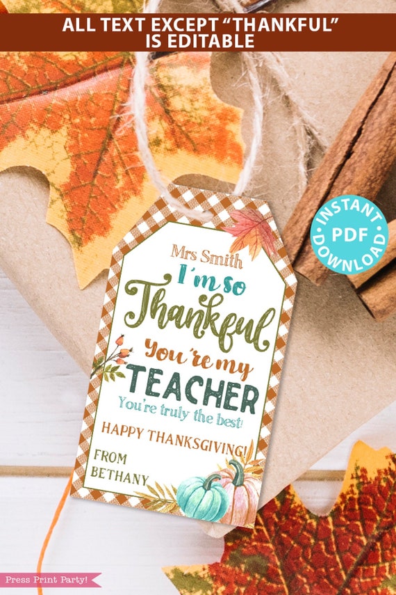 EDITABLE Teacher Thanksgiving Tags Printable, Thankful for You Gift Tag ...