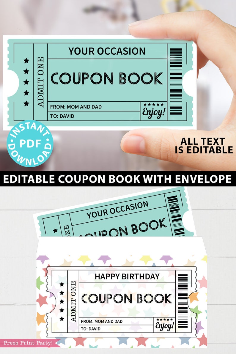 EDITABLE Coupon Book Template Multi Color Tickets Printable | Etsy