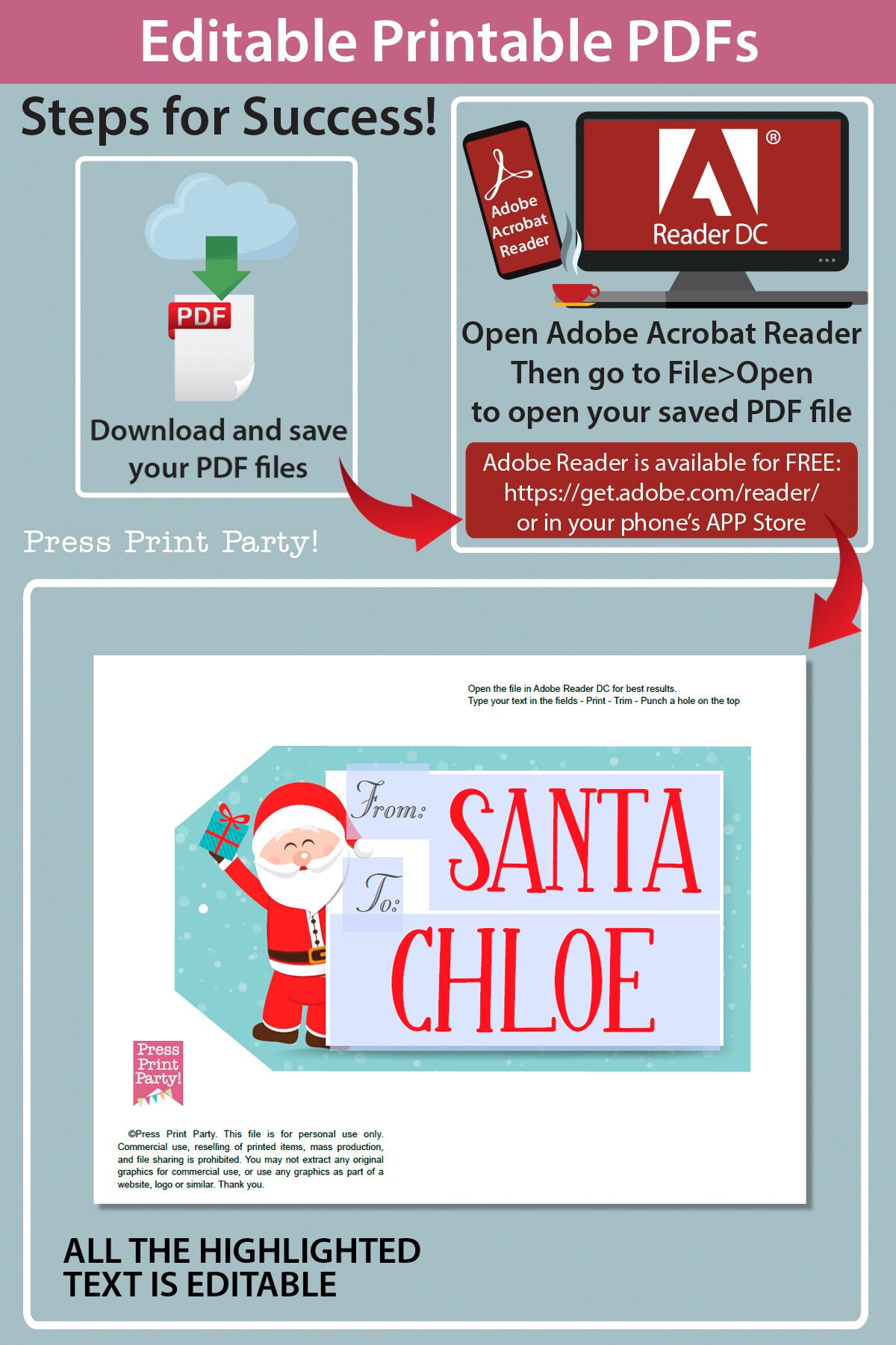 LARGE Santa Gift Tag Printable Christmas Big Gift Tag From Santa Large ...