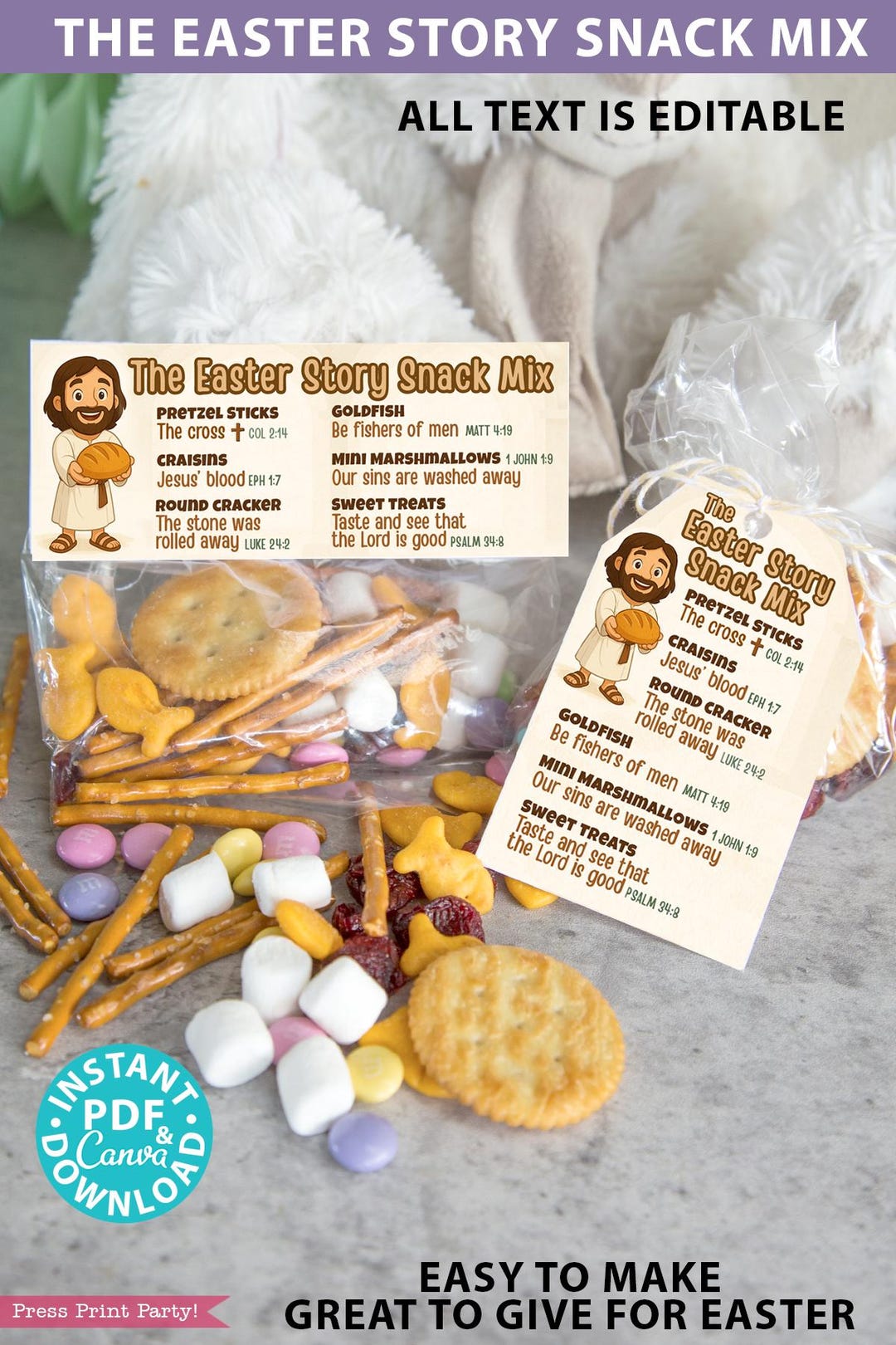 Editable Easter Story Snack Mix Topper and Tag Printable Custom DIY ...