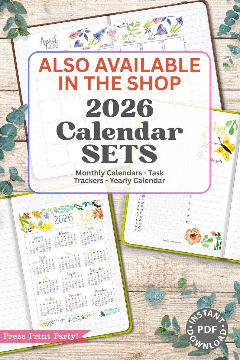 2026 Monthly Calendar Set, Watercolor Floral Design, Printable Planner ...