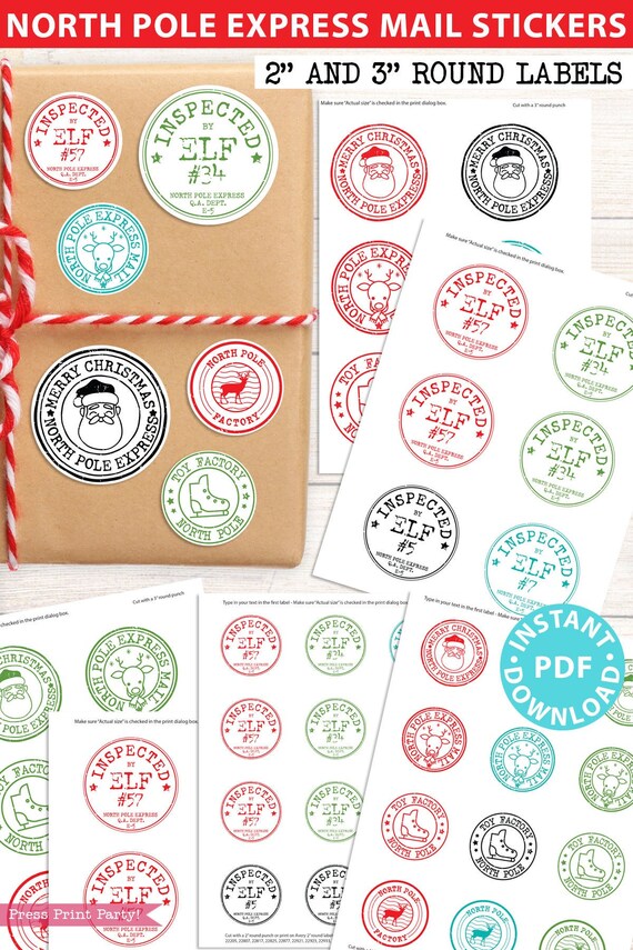 CHRISTMAS Stickers Template Printable, Round North Pole Express Mail ...