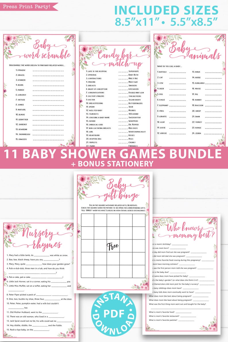 Virtual Baby Shower Games Printable Bundle Pink Flowers - Etsy