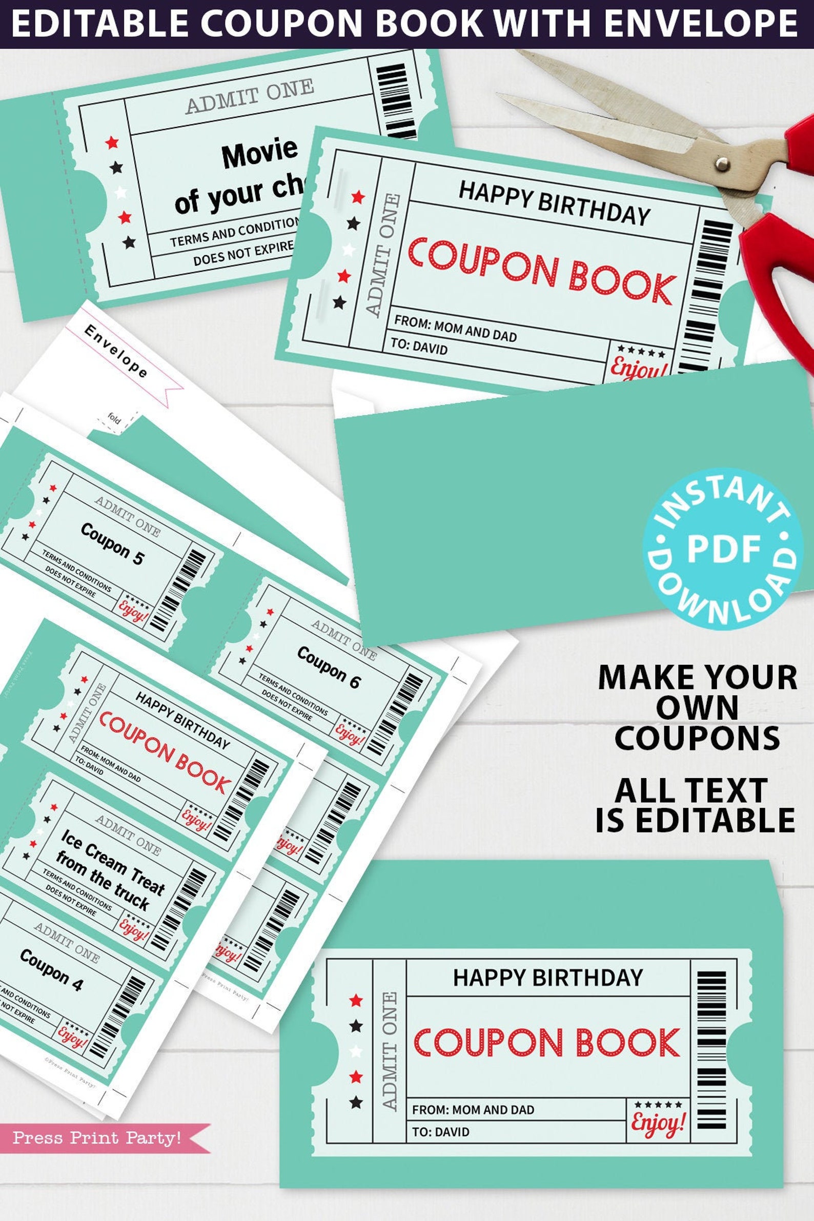 EDITABLE Coupon Book Template Printable, Green Tickets, Custom Birthday ...