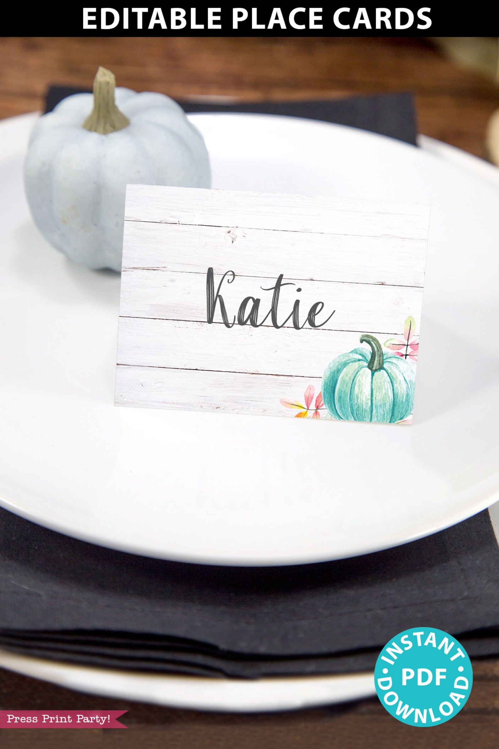 Thanksgiving Place Cards Printable Teal Fall Pumpkin Place Card Vintage ...