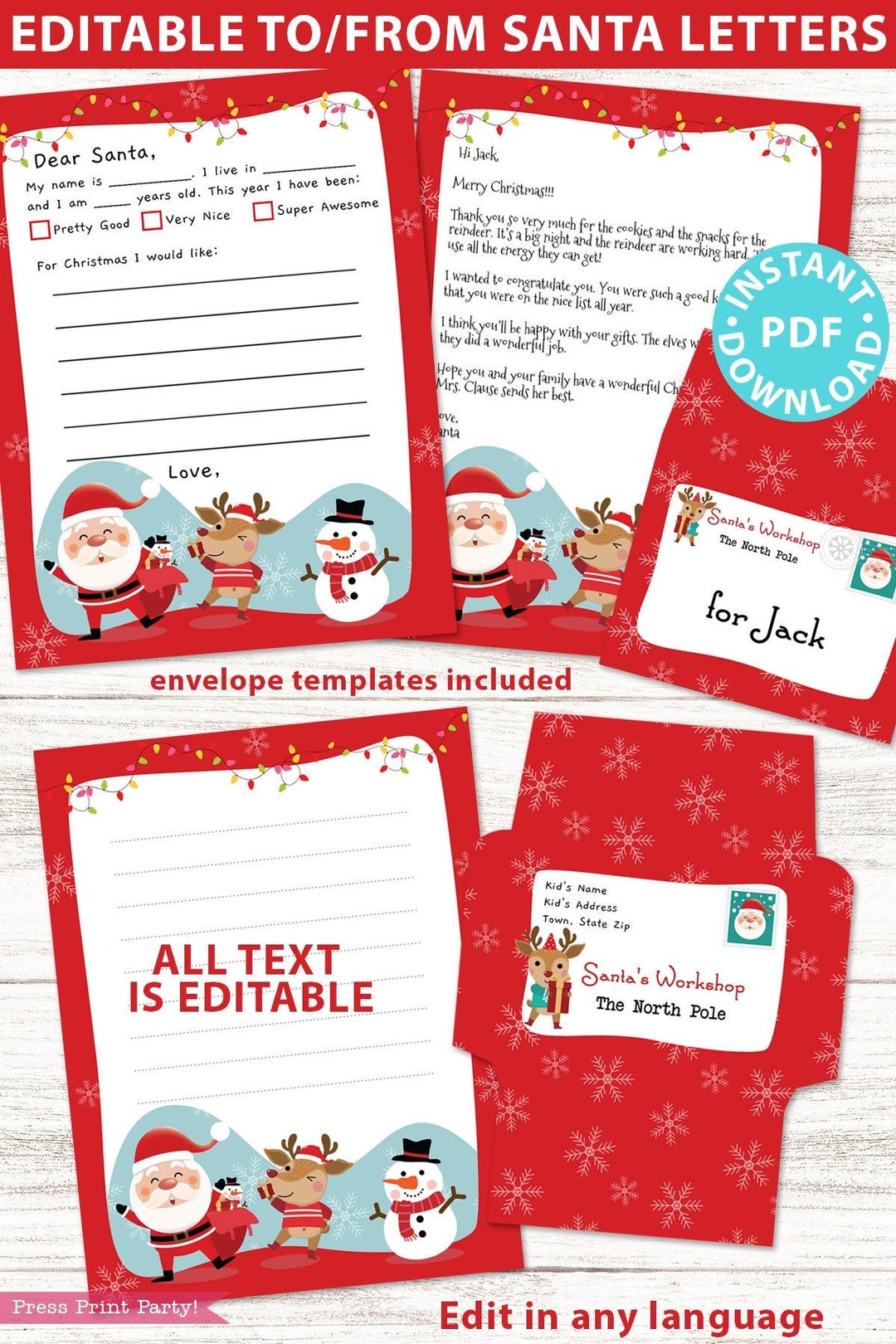 EDITABLE Santa Letter Printable Template Kit, to and From Santa, Kid ...