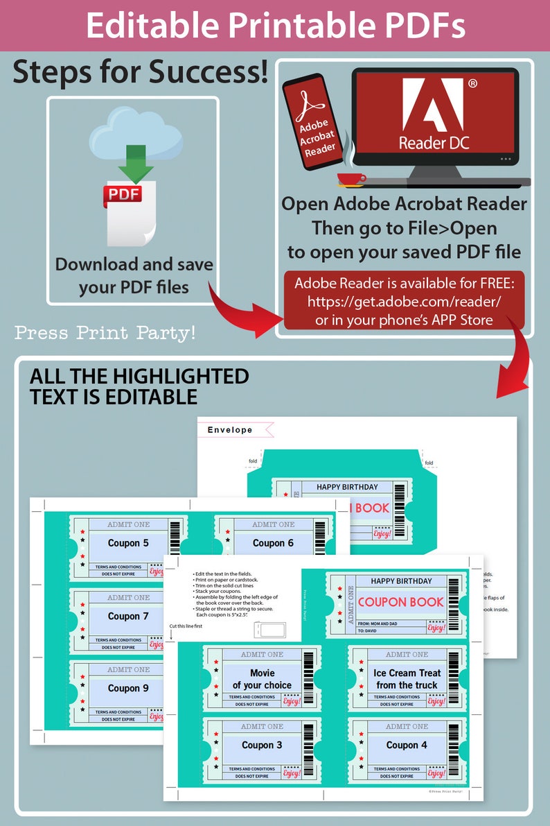 EDITABLE Coupon Book Template Printable, Green Tickets, Custom Birthday ...