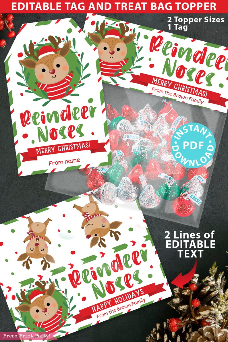 8 EDITABLE Christmas Treat Bag Toppers and Tags Set, Elf Kisses ...