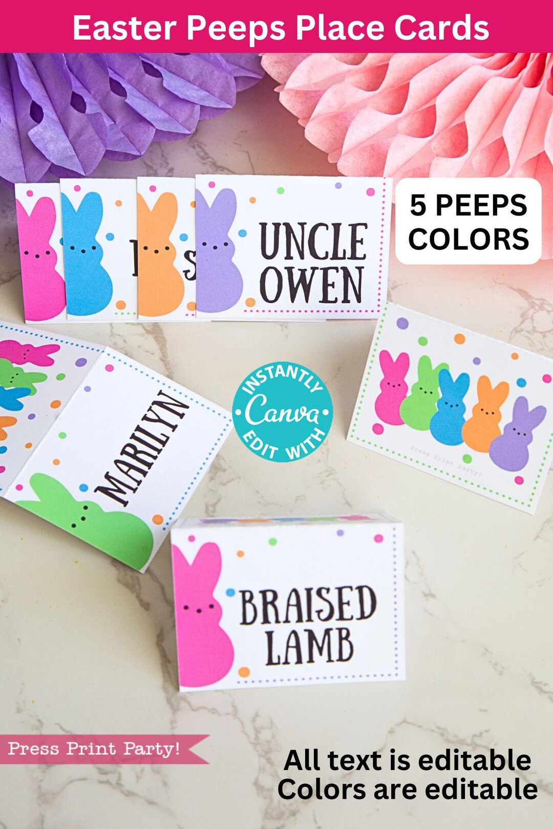 Editable Peeps Place Cards Easter Bunny Colorful Food Label ...