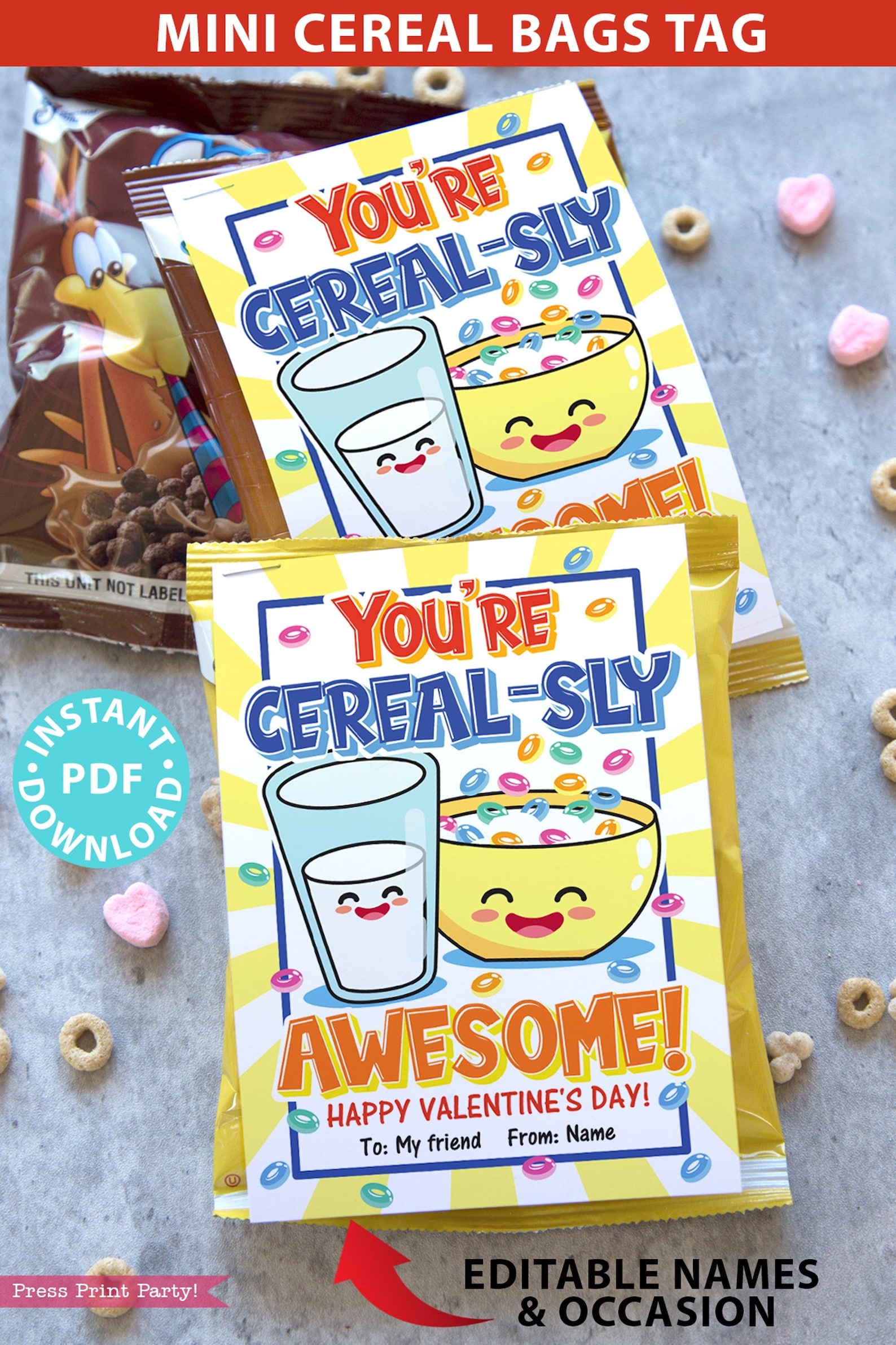 Valentine Tag Cereal Bags/ Boxes, Kids Valentines Cards Printable ...
