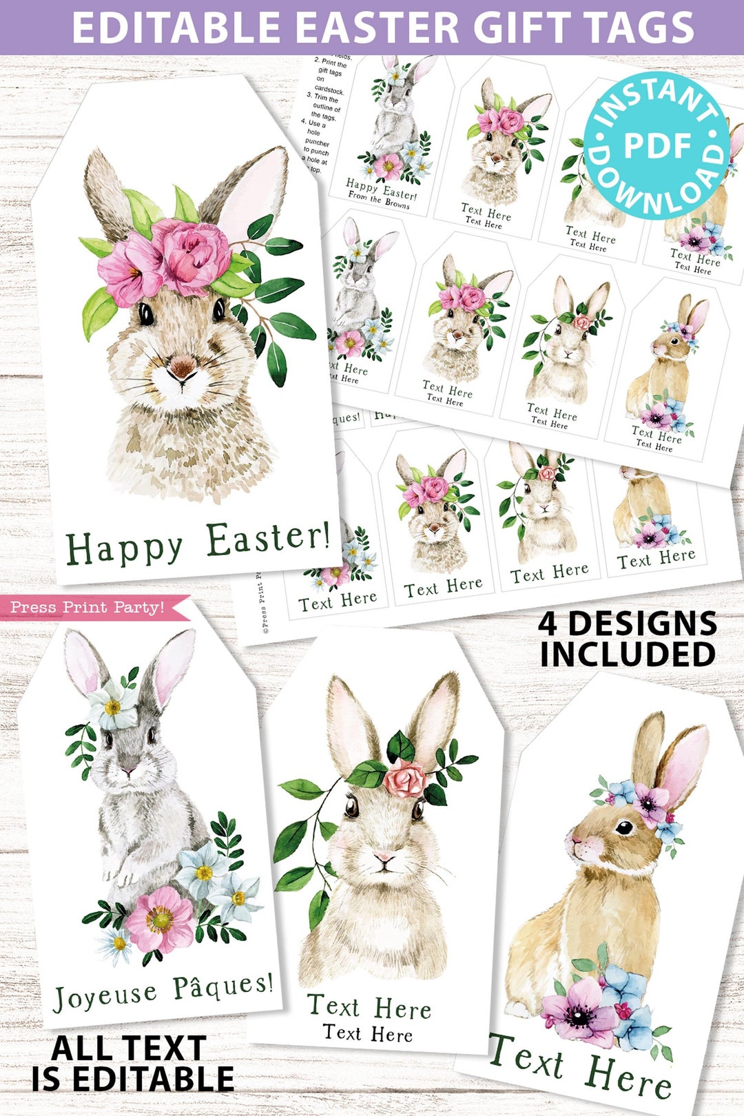 EDITABLE Easter Gift Tags Printable, Easter Basket Tag, Happy Easter ...