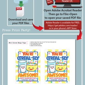 Valentine Tag Cereal Bags/ Boxes, Kids Valentines Cards Printable ...